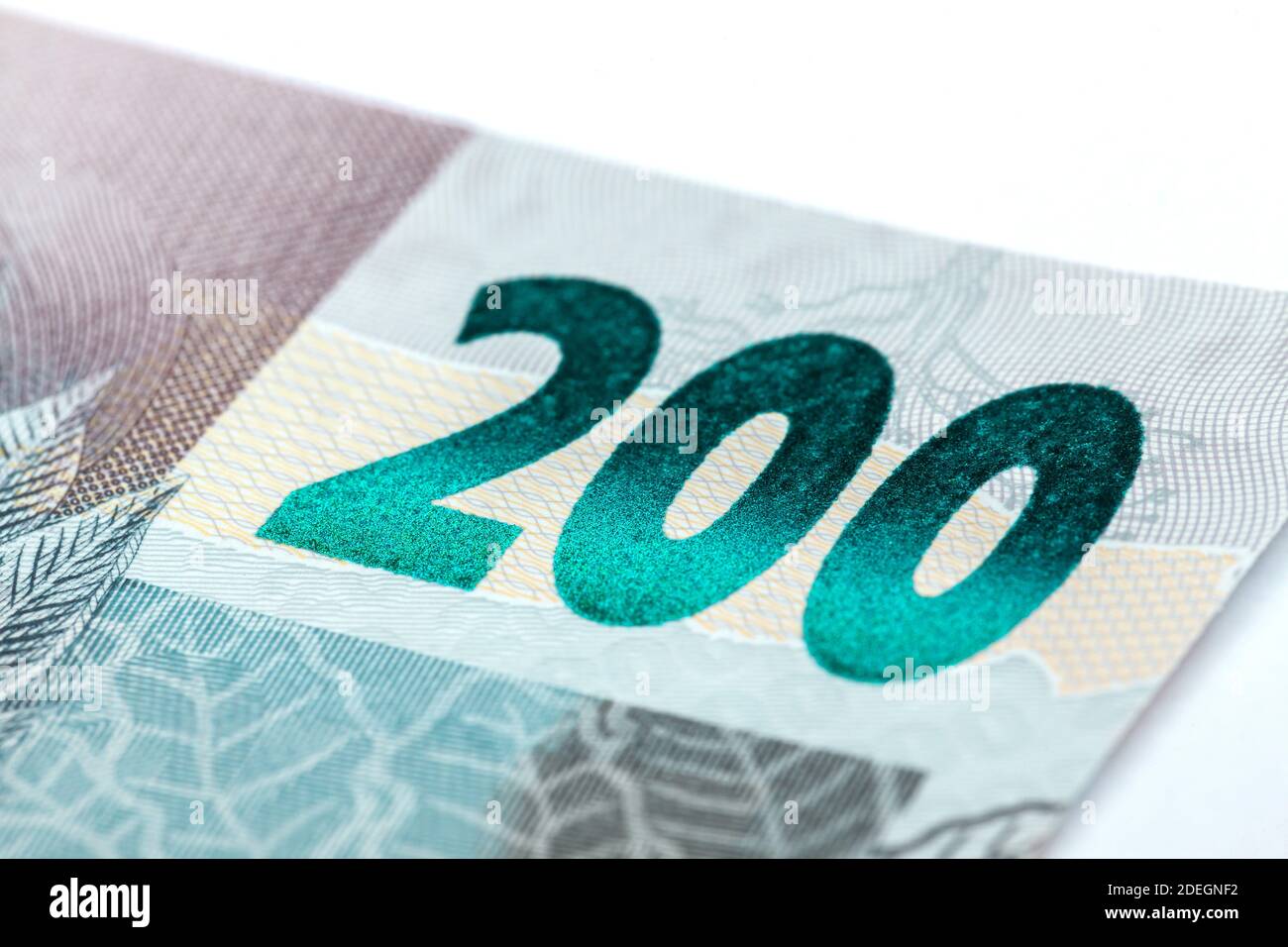Newly launched 200 Reais brazilian note money bill close up details ...