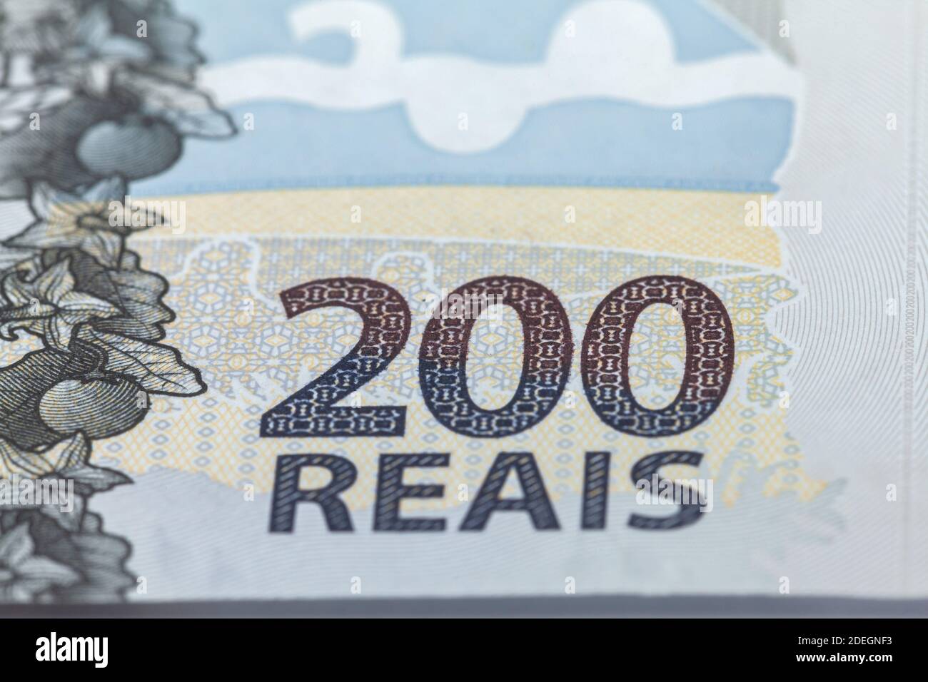 Newly launched 200 Reais brazilian note money bill close up details ...