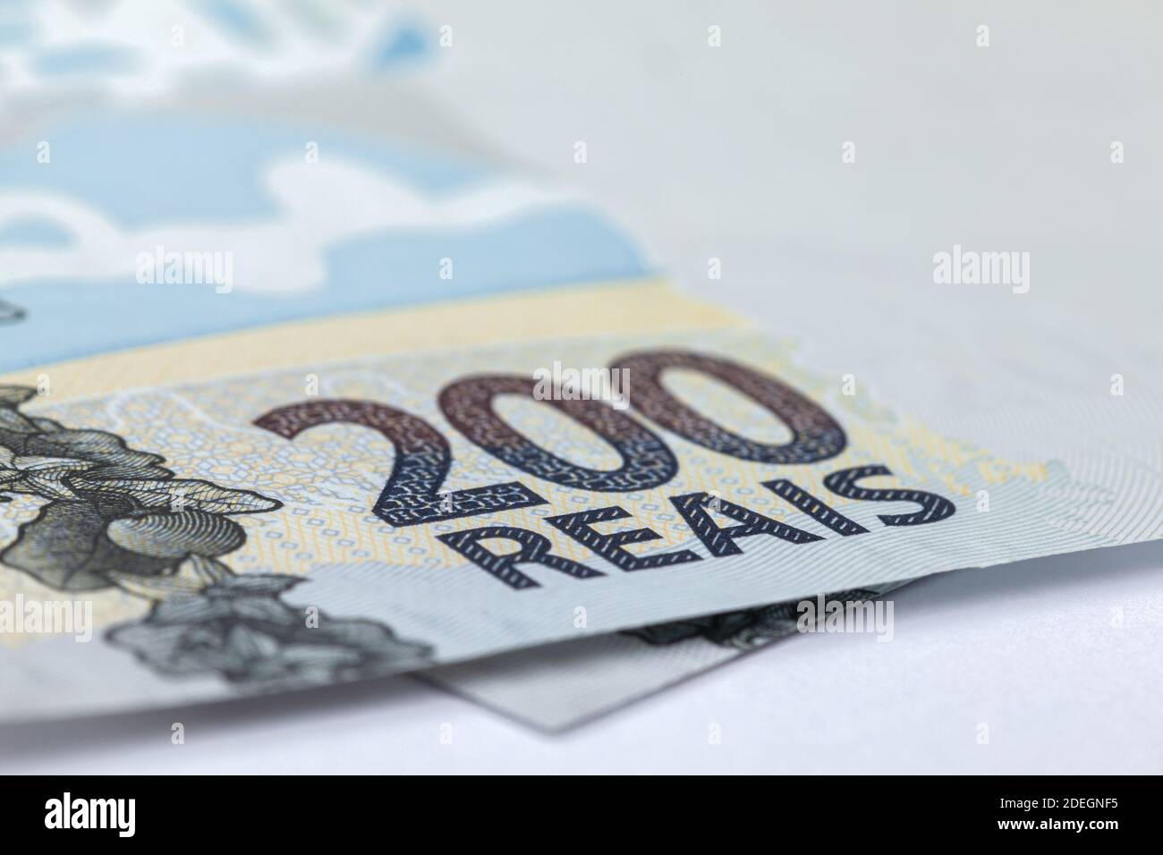 Newly launched 200 Reais brazilian note money bill close up details ...