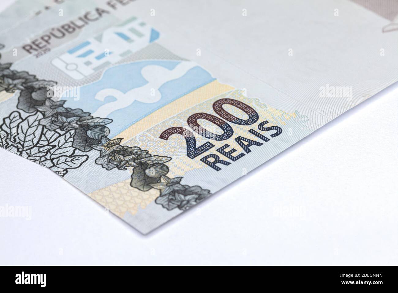 Newly launched 200 Reais brazilian note money bill close up details ...