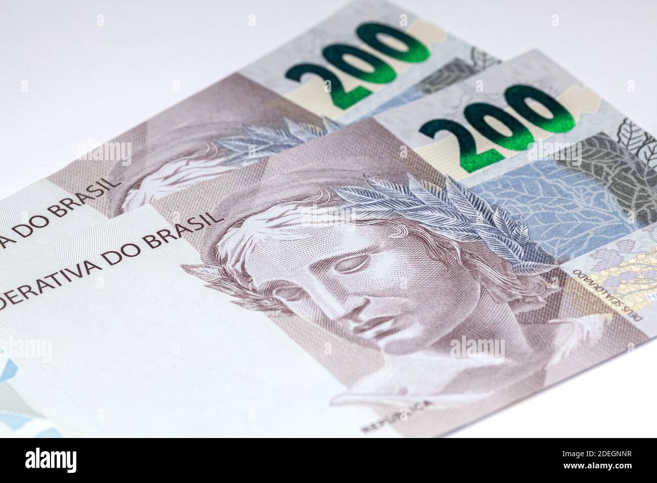 Newly launched 200 Reais brazilian note money bill close up details ...