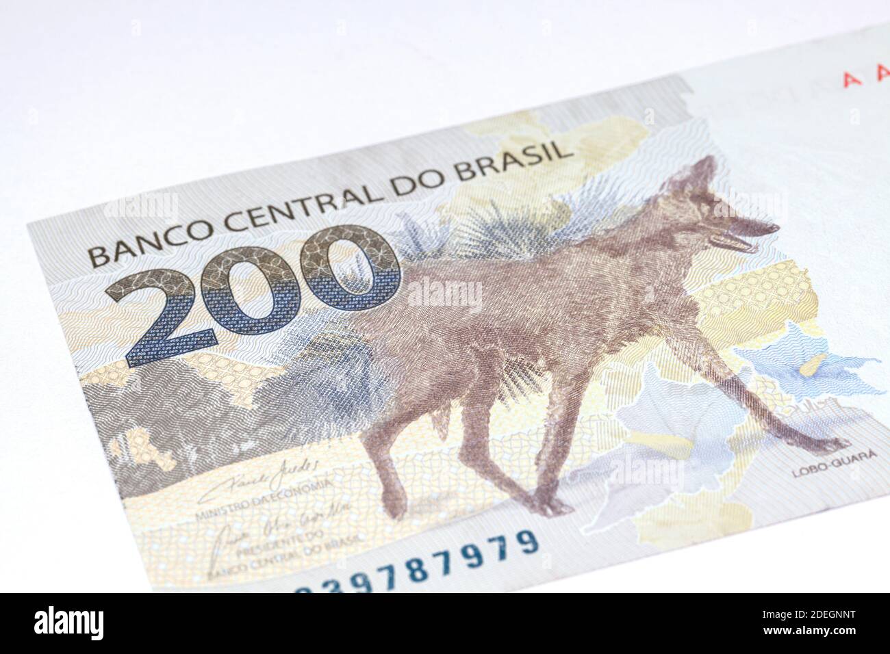 Newly launched 200 Reais brazilian note money bill close up details ...