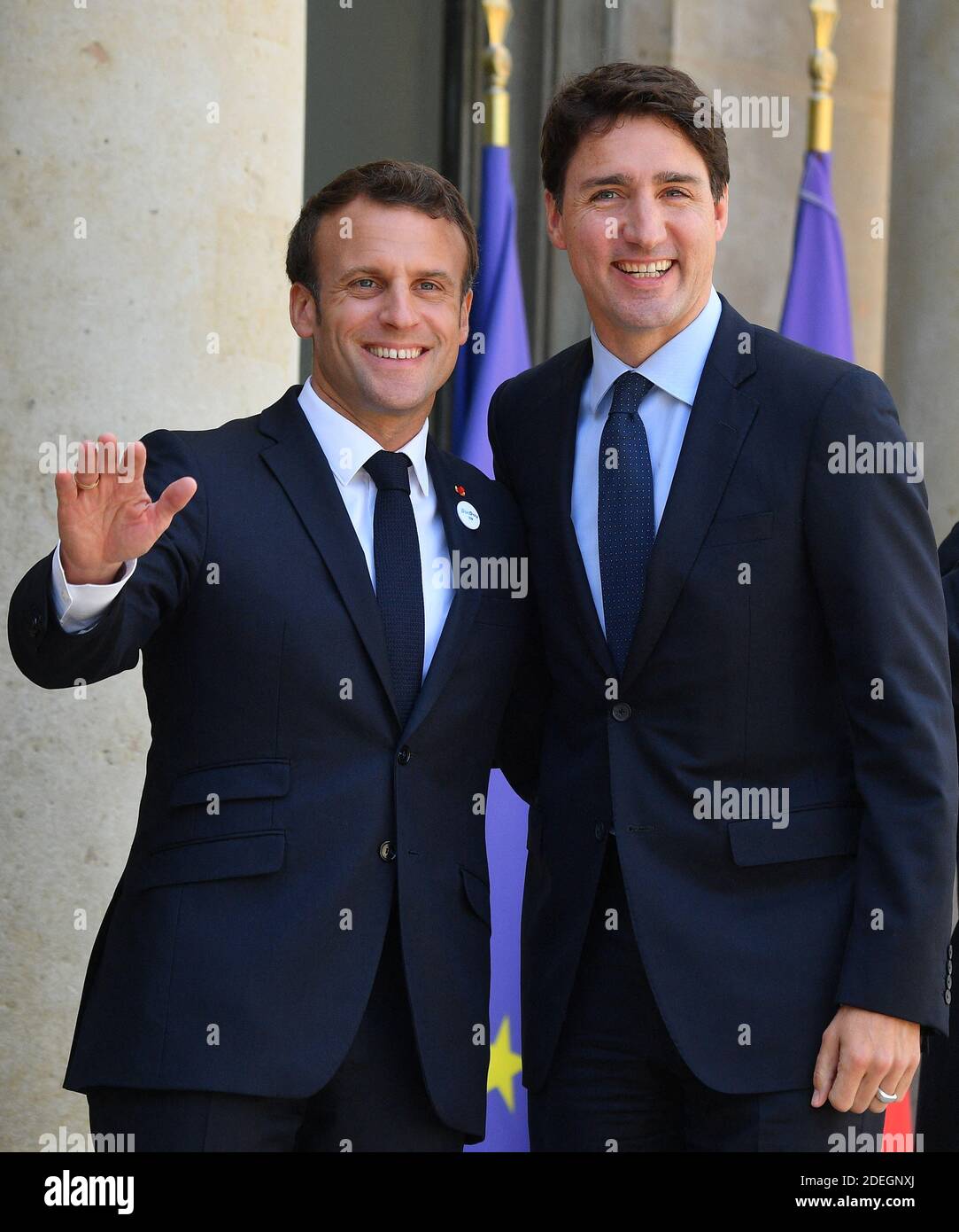 Canadian Prime Minister Justin Trudeau is greeted by French President ...