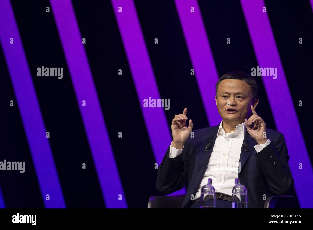 Jack Ma, CEO of Chinese e-commerce giant Alibaba, gestures as he speaks ...