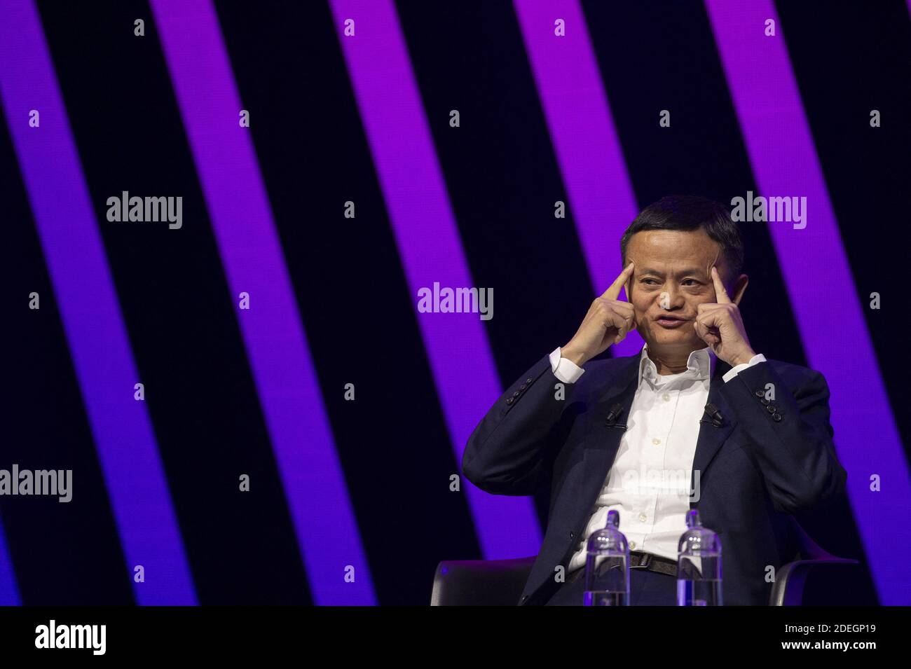 Jack Ma, CEO of Chinese e-commerce giant Alibaba, gestures as he speaks ...