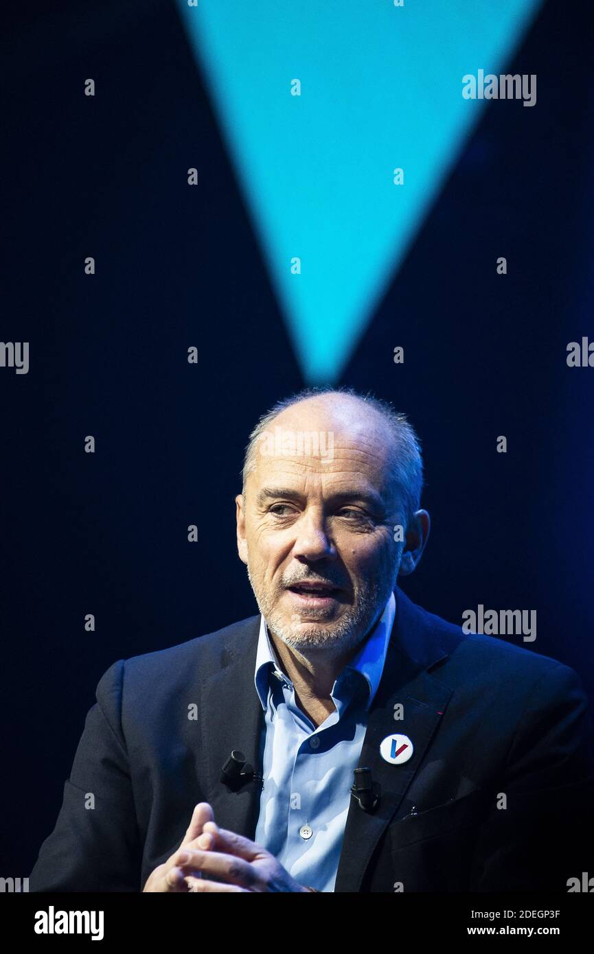 Orange CEO Stephane Richard gestures as he speaks during his visit at ...