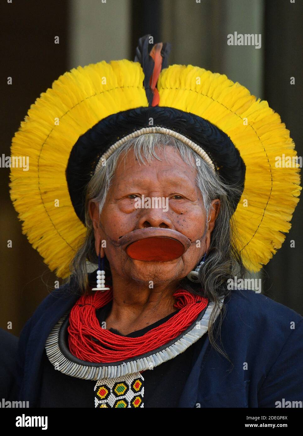 Brazil's legendary indigenous chief Raoni Metuktire (C) poses on the ...
