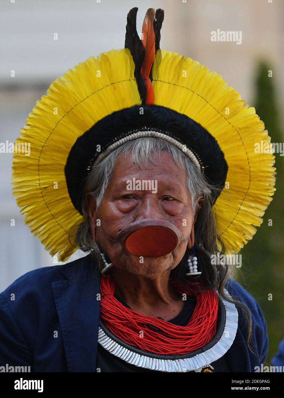 Brazil's legendary indigenous chief Raoni Metuktire (C) poses on the ...