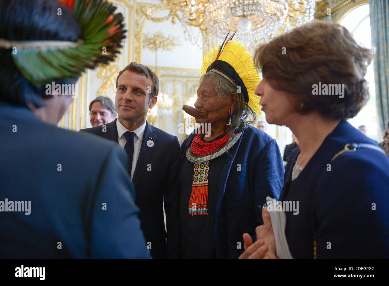 French president Emmanuel Macron receives Brazil's legendary indigenous ...