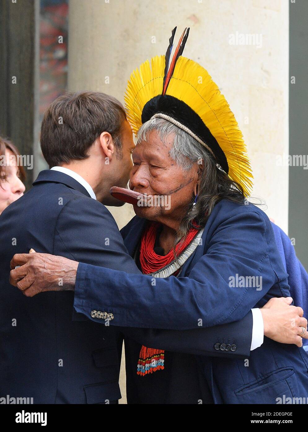 Brazil's legendary indigenous chief Raoni Metuktire pose with French ...