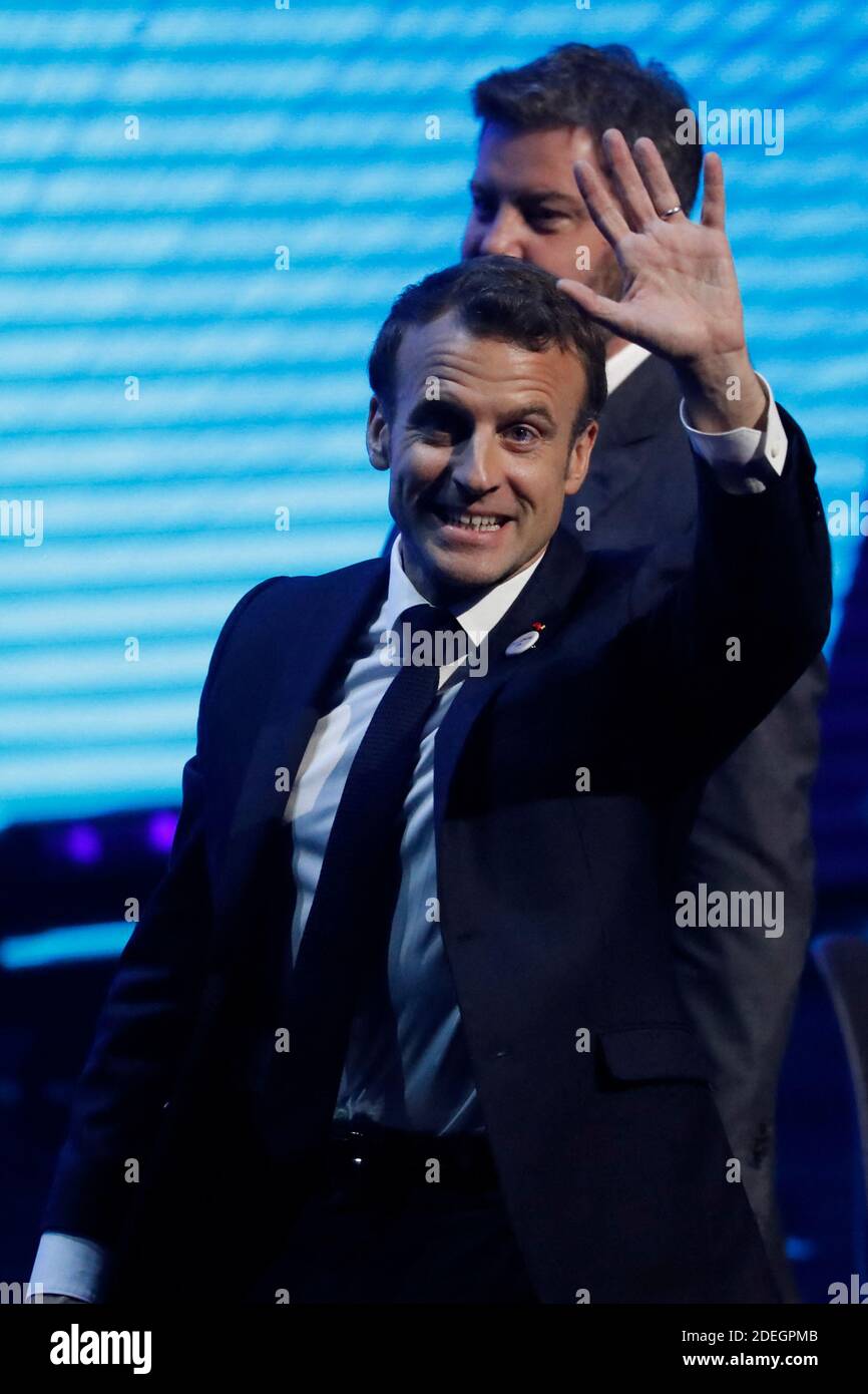 French President Emmanuel Macron speaking with young european start ...