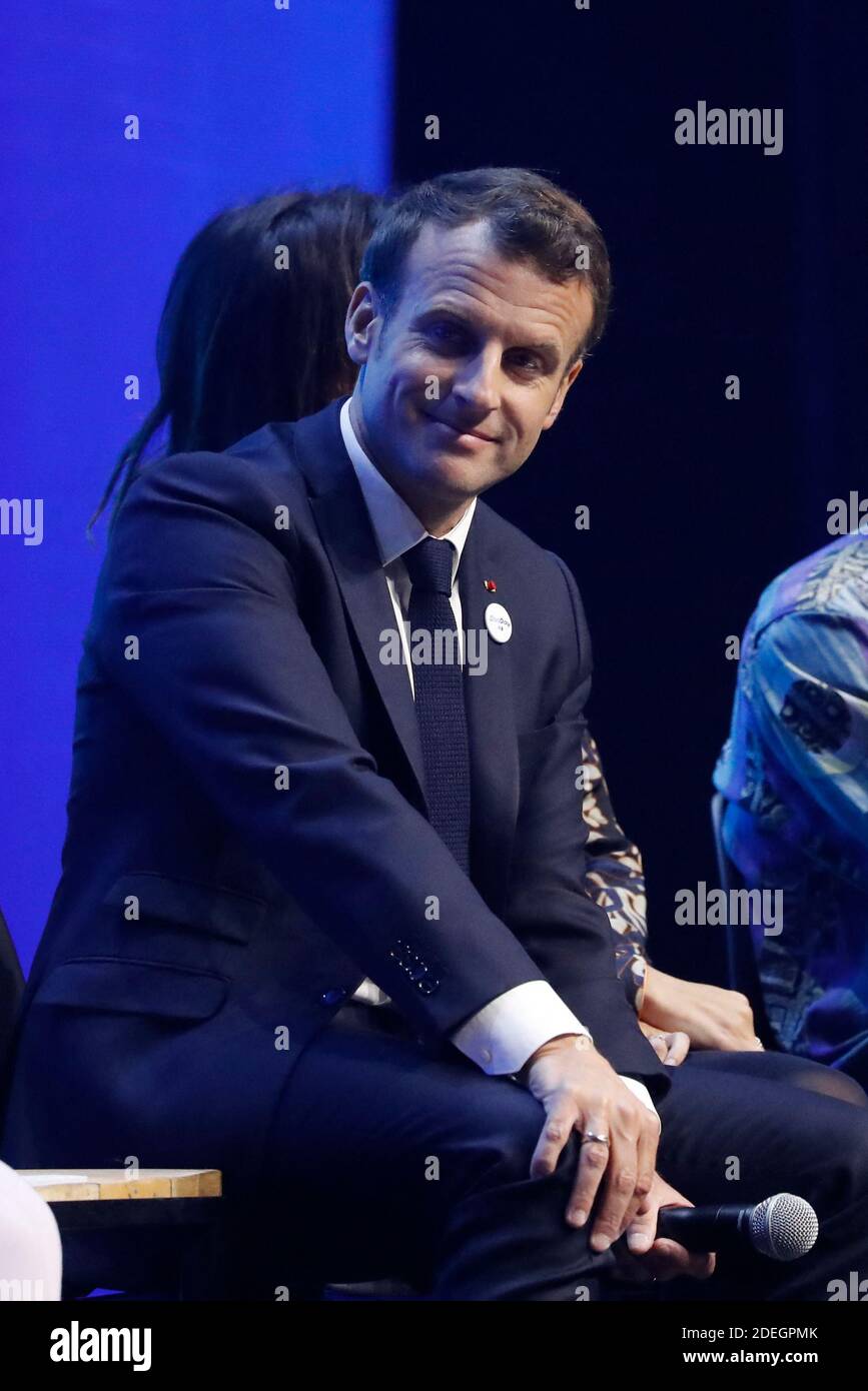 French President Emmanuel Macron speaking with young european start ...
