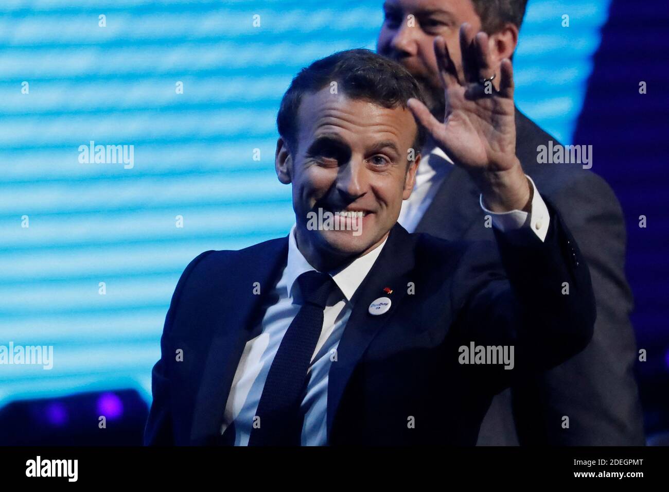 French President Emmanuel Macron speaking with young european start ...