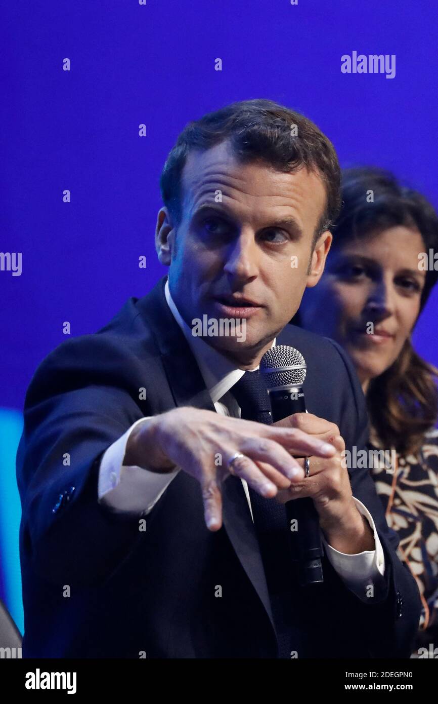 French President Emmanuel Macron speaking with young european start ...