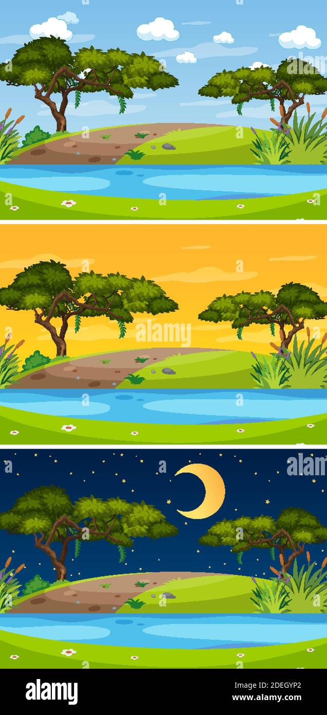 Nature landscape scene at different times of day illustration Stock ...