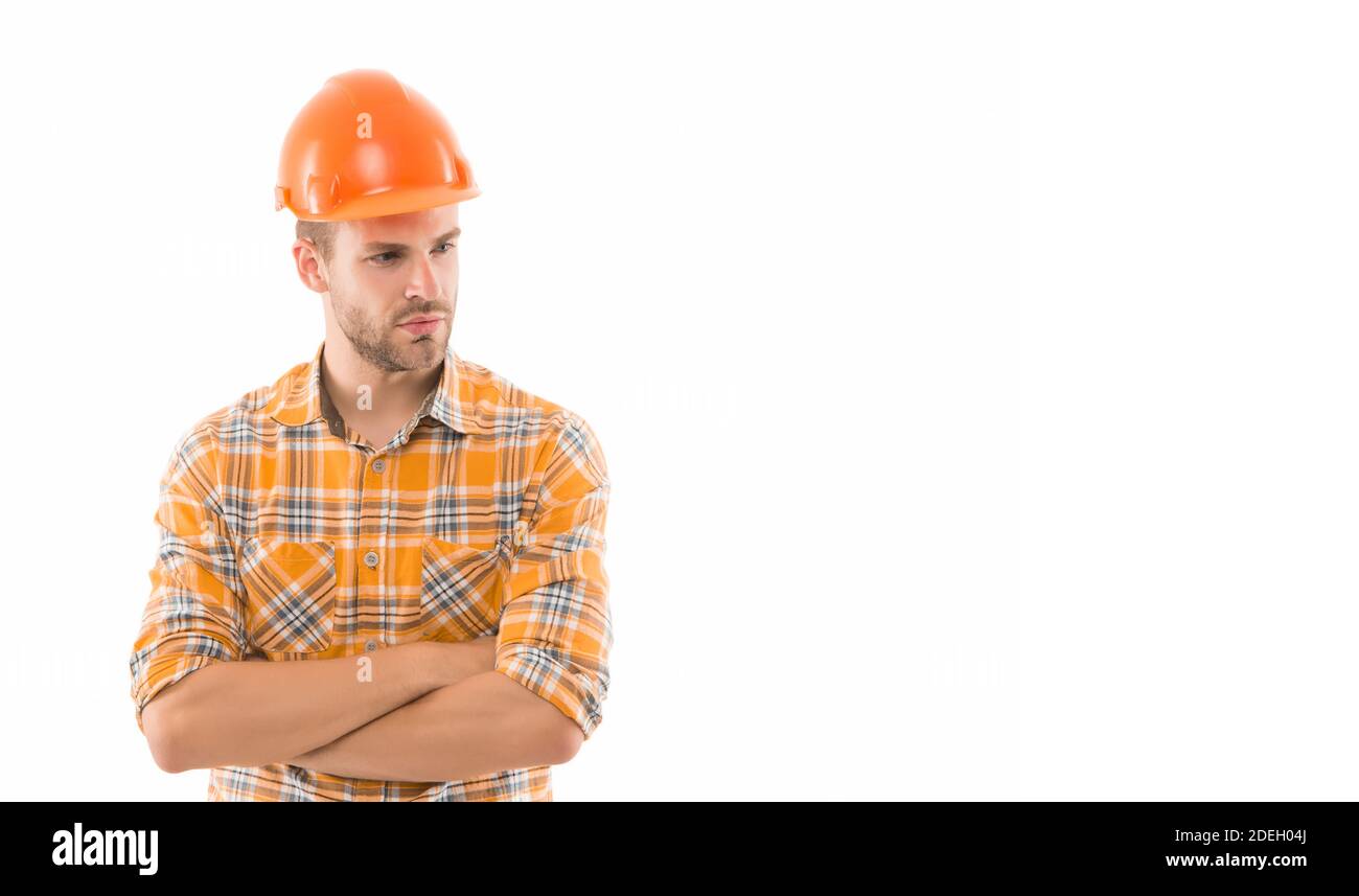 Always dedicated to work. Confident workman isolated on white ...