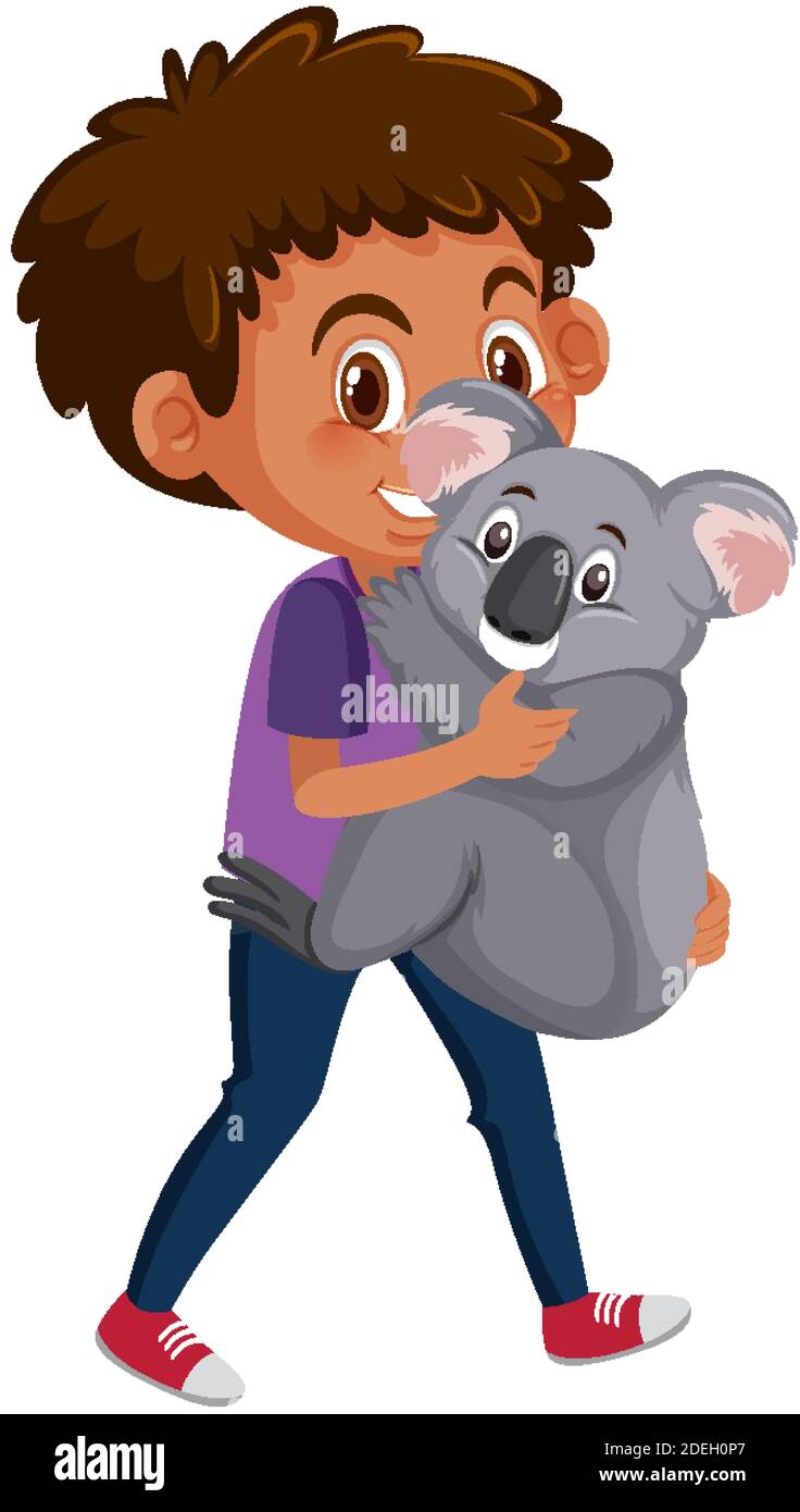 Boy holding cute animal cartoon character isolated on white background ...