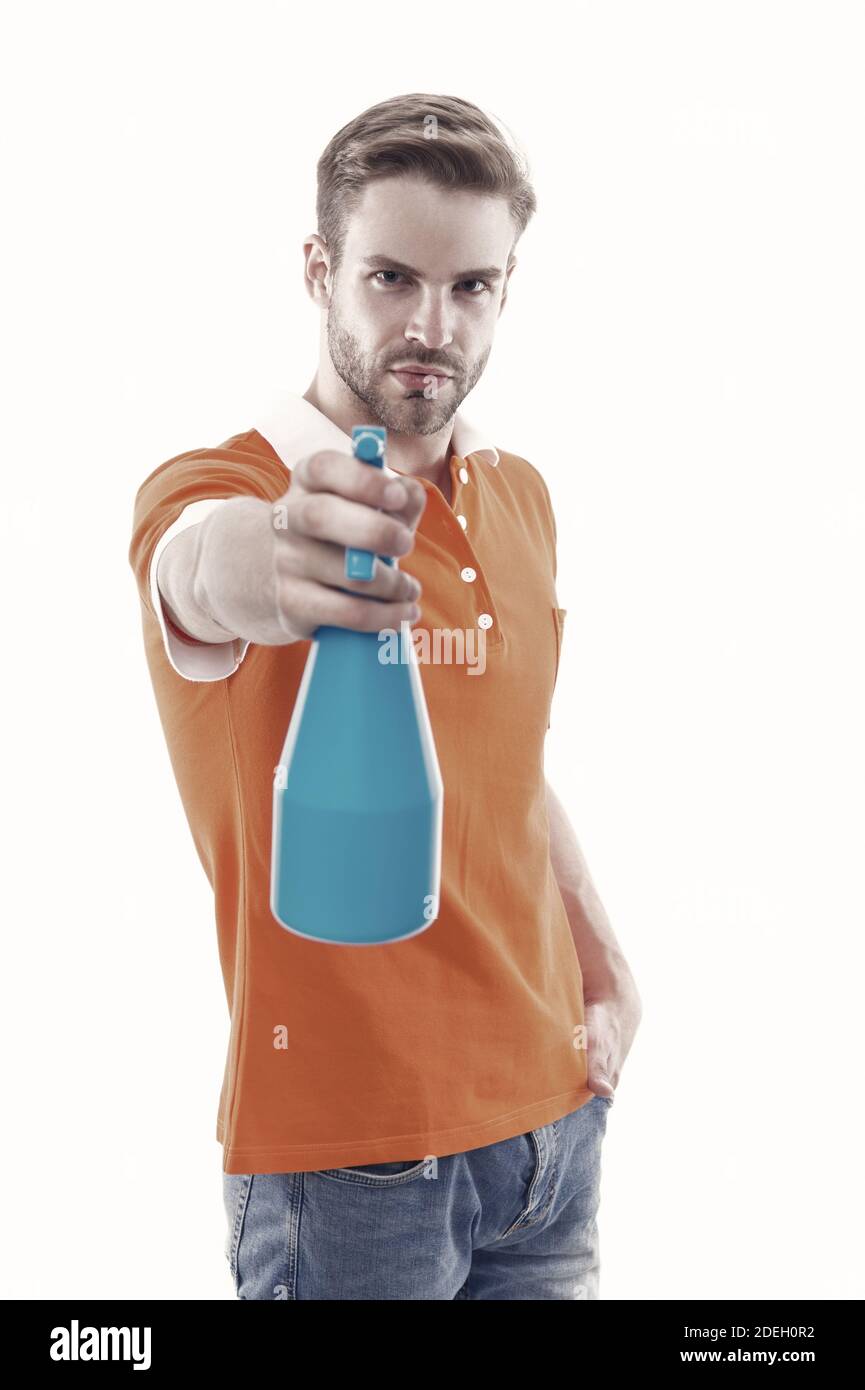 Refresh right now. Man hold mist sprayer like weapon aiming you. On his ...