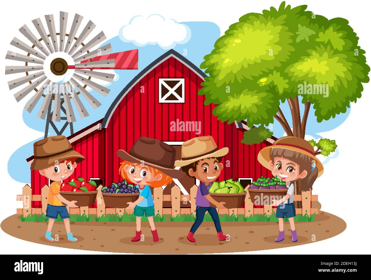 Children in farm scene on white background illustration Stock Vector ...