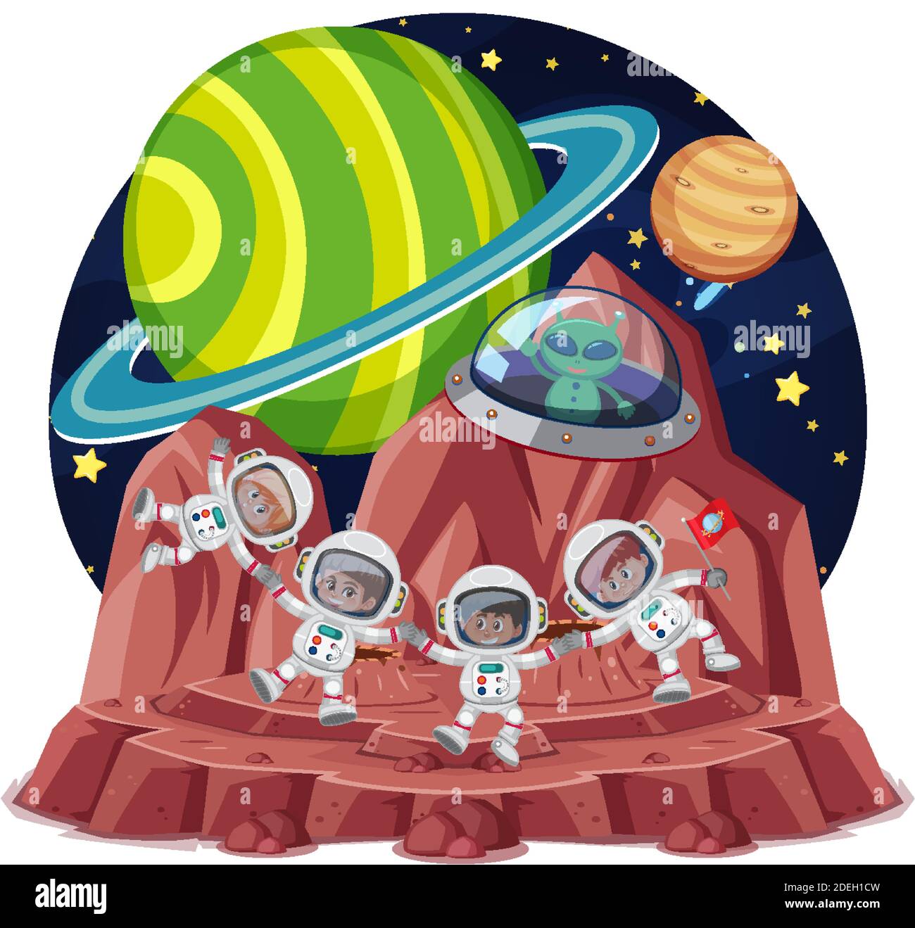 Space theme with astronauts and alien in ufo isolated on white ...