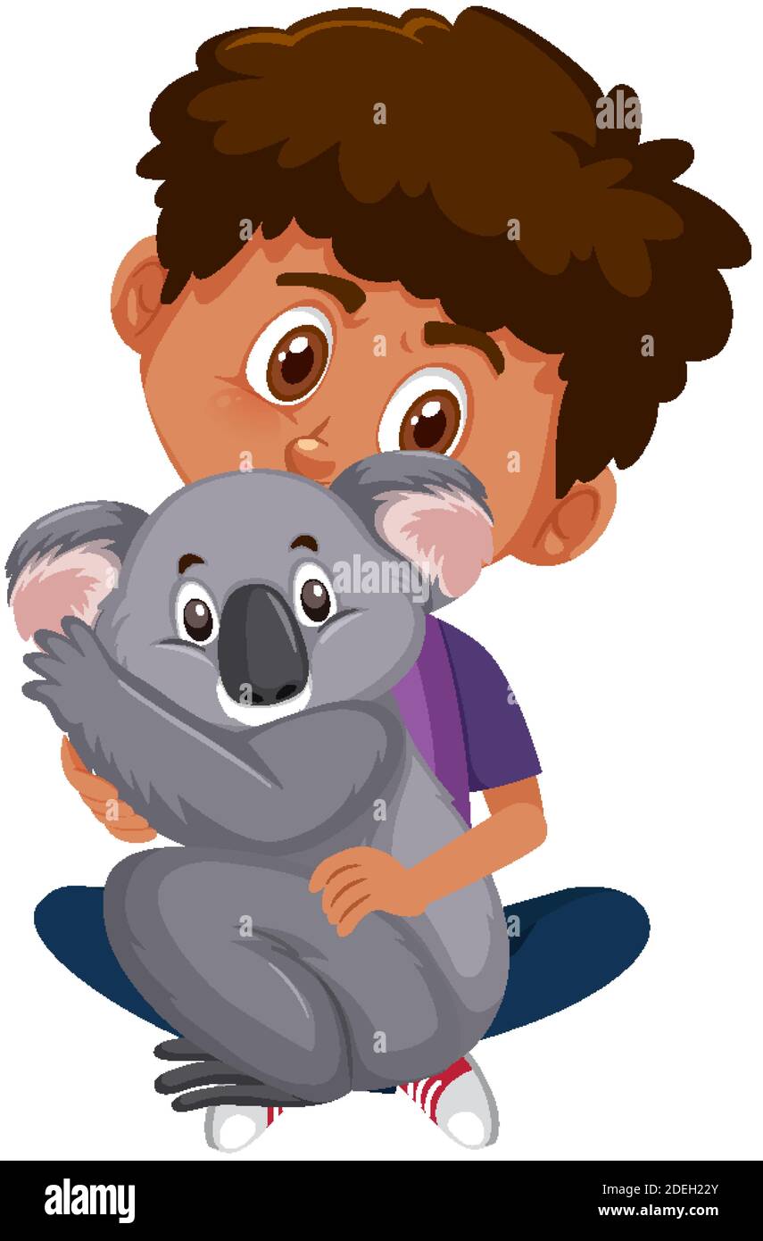 Boy holding cute animal cartoon character isolated on white background ...