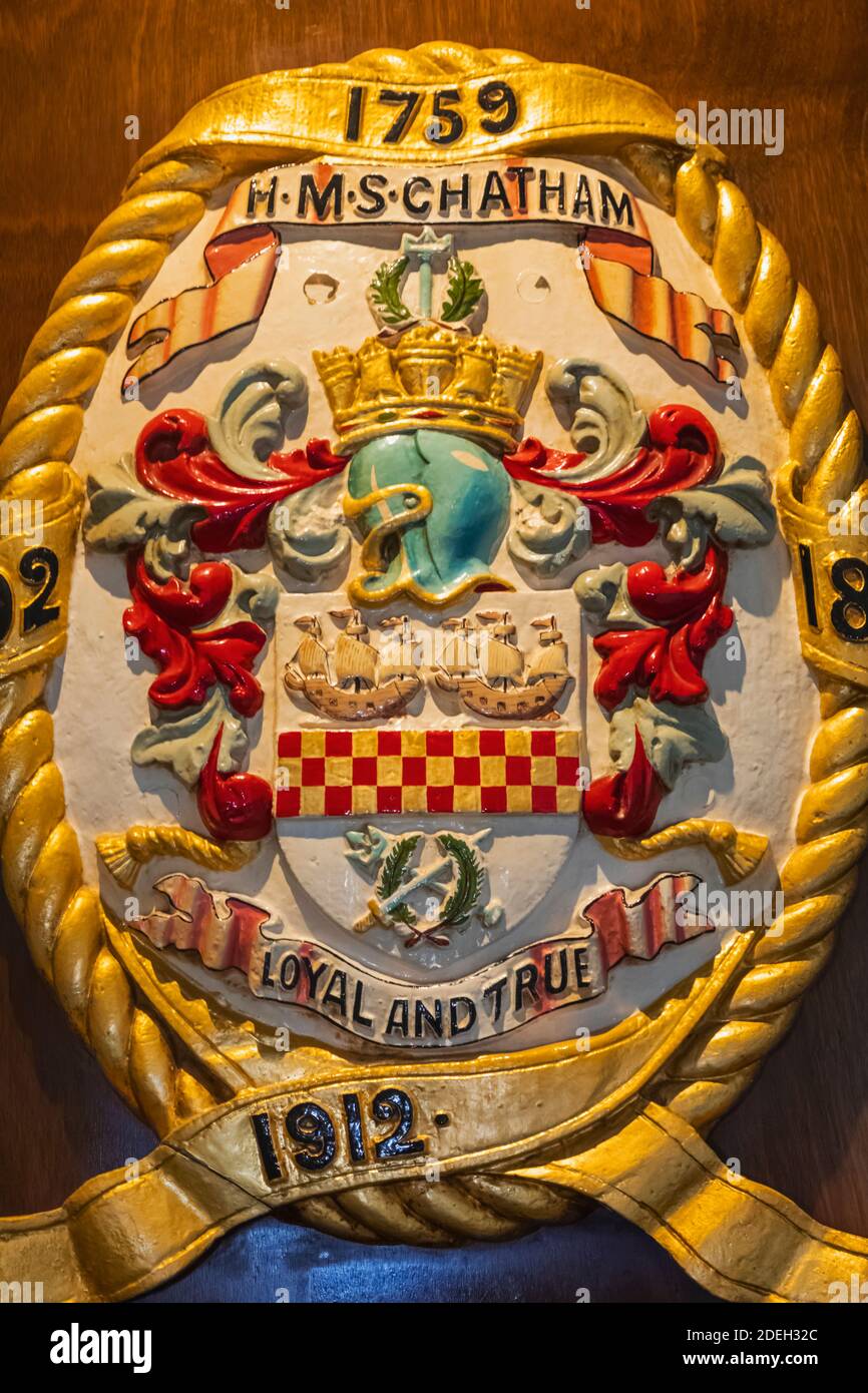 England, Kent, Chatham, The Historic Dockyard, HMS Chatham Plaque Stock ...