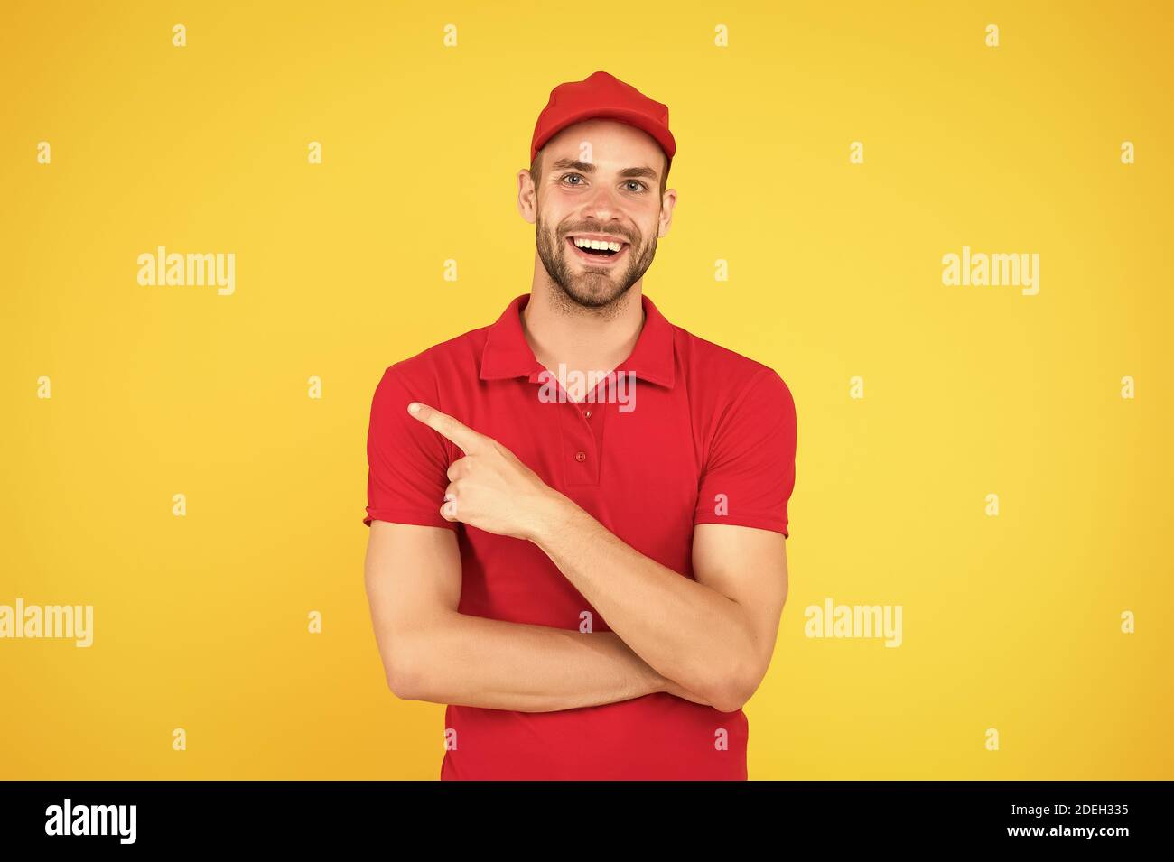 Special offer copy space. Shop worker. Handsome guy cashier. Staff ...