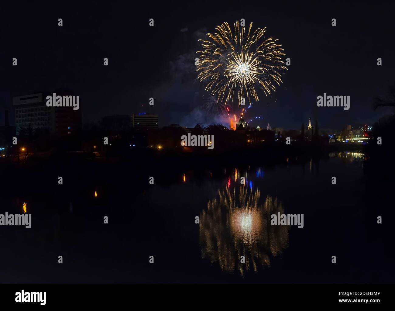 New Year celebration colorful fireworks sparkling in midnight sky over ...