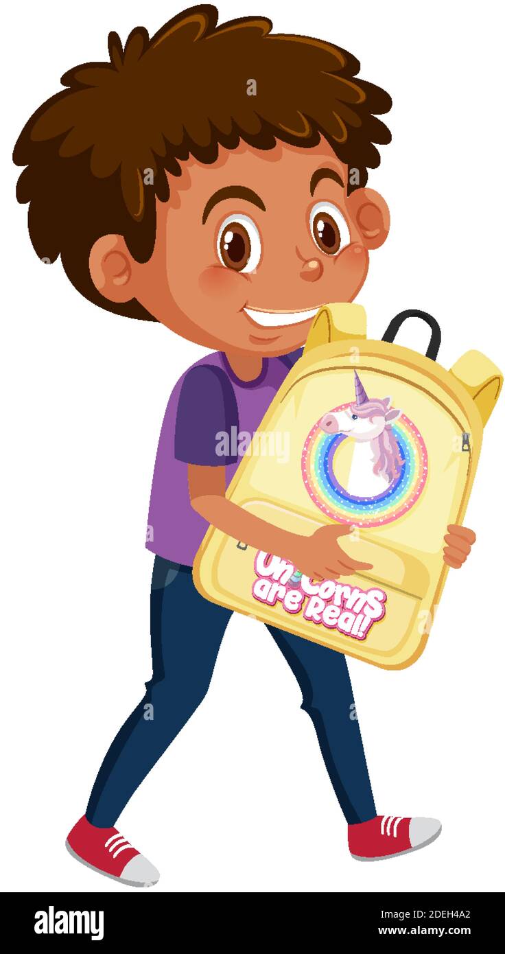 Boy holding cute backpack cartoon character isolated on white ...