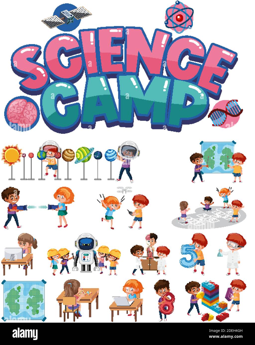 Science camp logo and set of children with education objects isolated ...