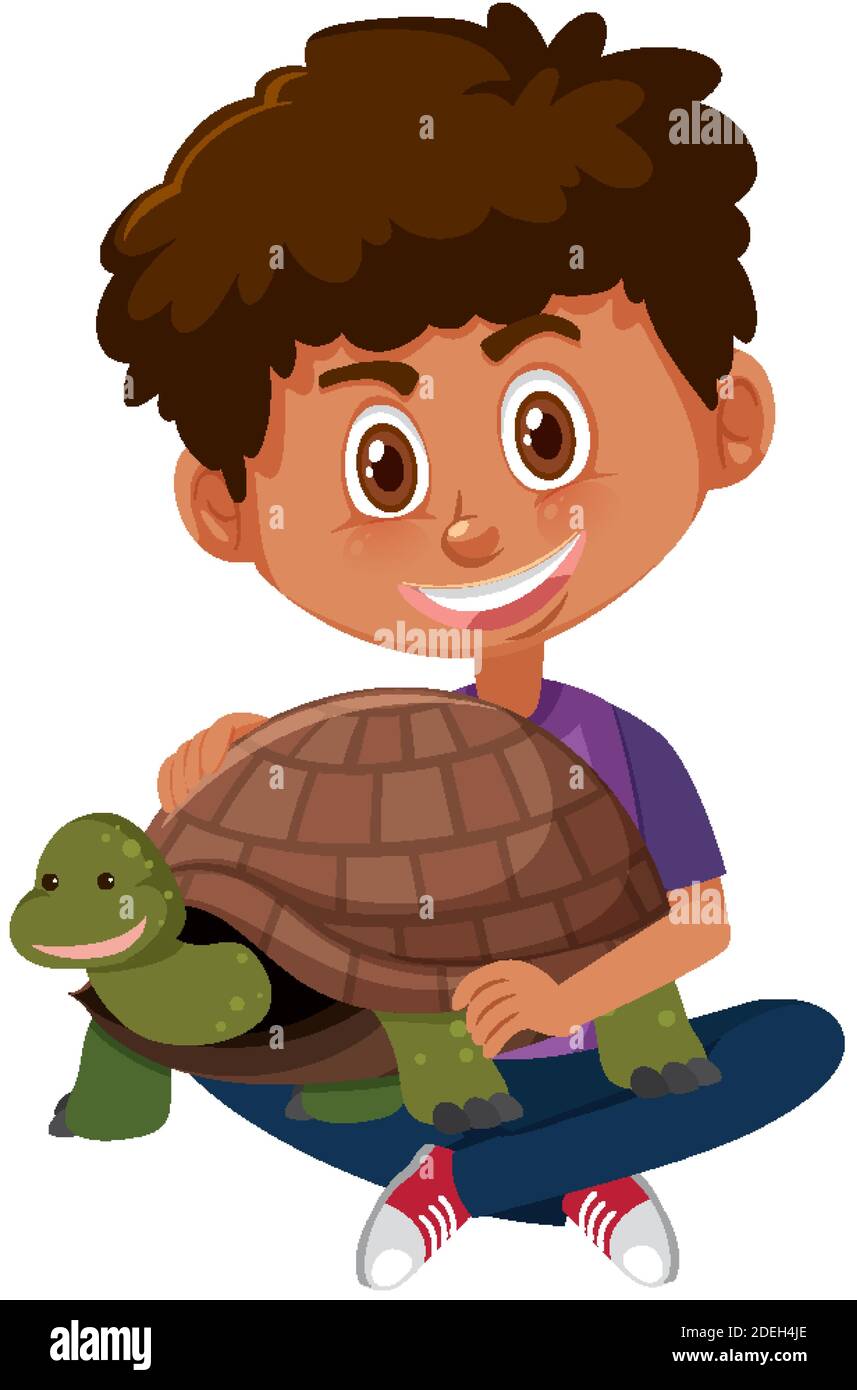 Boy holding cute animal cartoon character isolated on white background ...