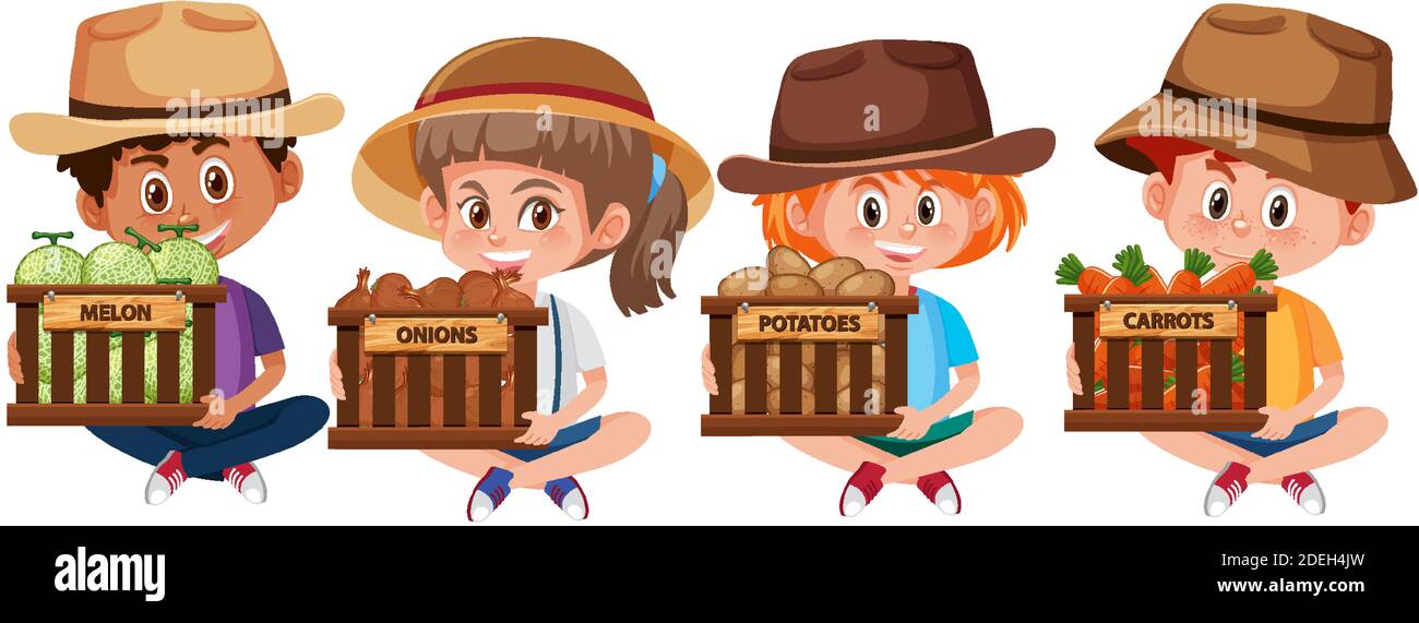 Set of different kids holding fruits or vegetables isolated on white ...