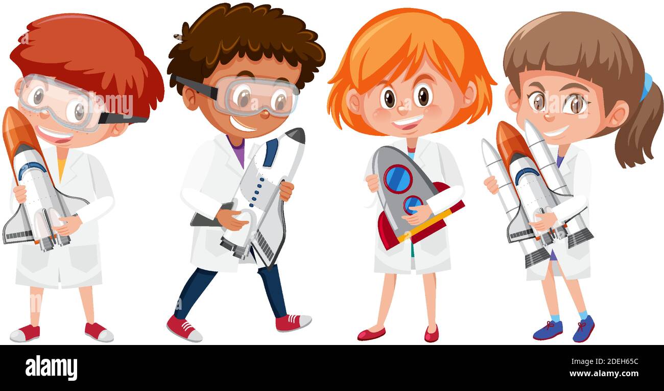 Set of kids in scientis costume holding space rockets isolated on white ...