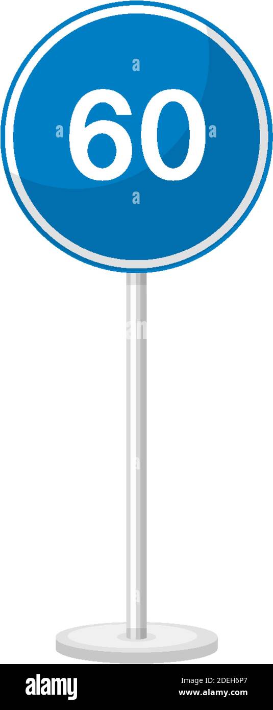 Blue minimum speed limit 60 road sign with stand isolated on white ...