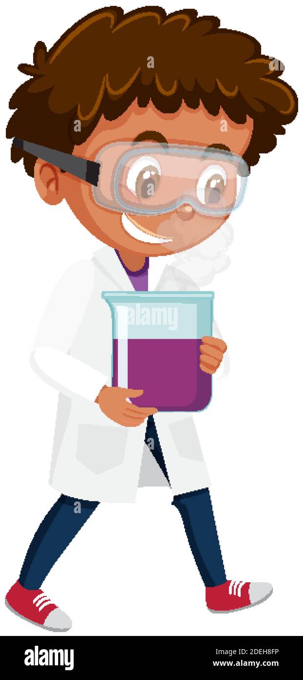 Boy in scientist costume holding science objects isolated on white ...