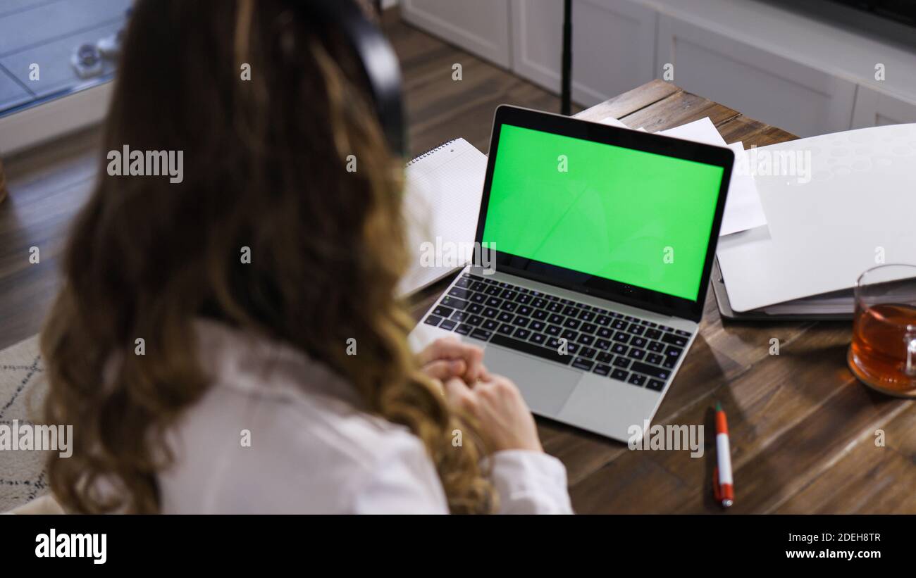 Young business woman with her laptop - green screen display Stock Photo ...