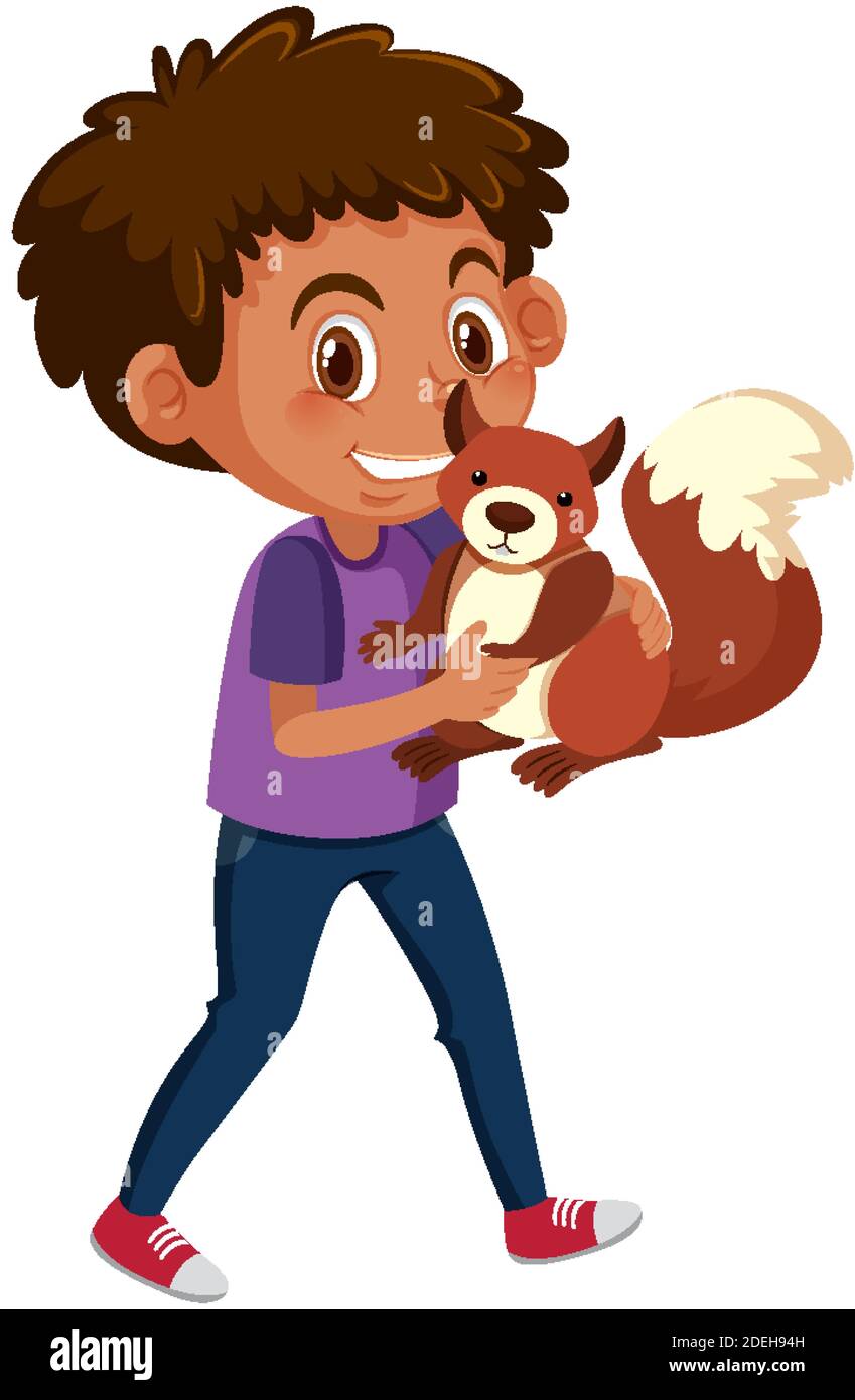 Boy holding cute animal cartoon character isolated on white background ...