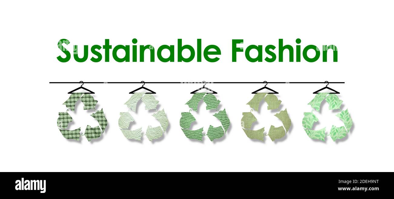 Sustainable fashion text with recycle clothes icons on hanger, reduce ...