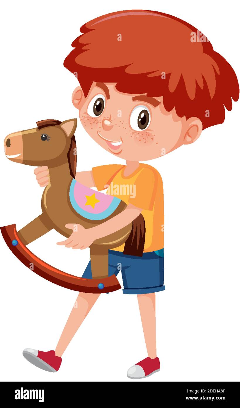 Boy holding rocking horse cartoon character isolated on white ...