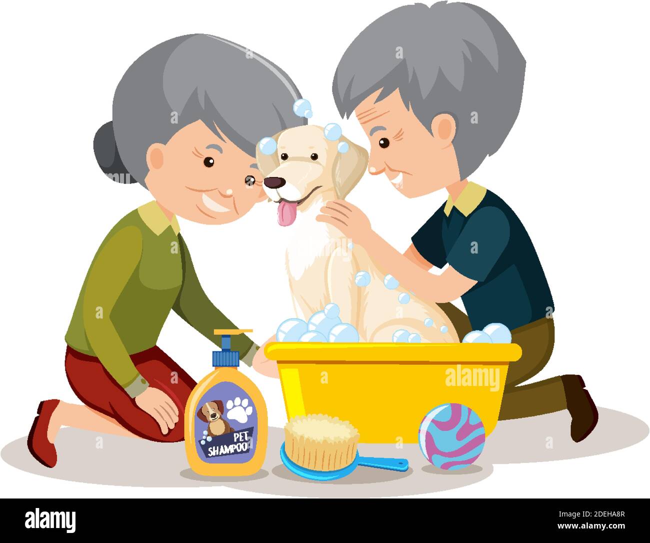 Cute dog take a bath with old couple owner on white background ...