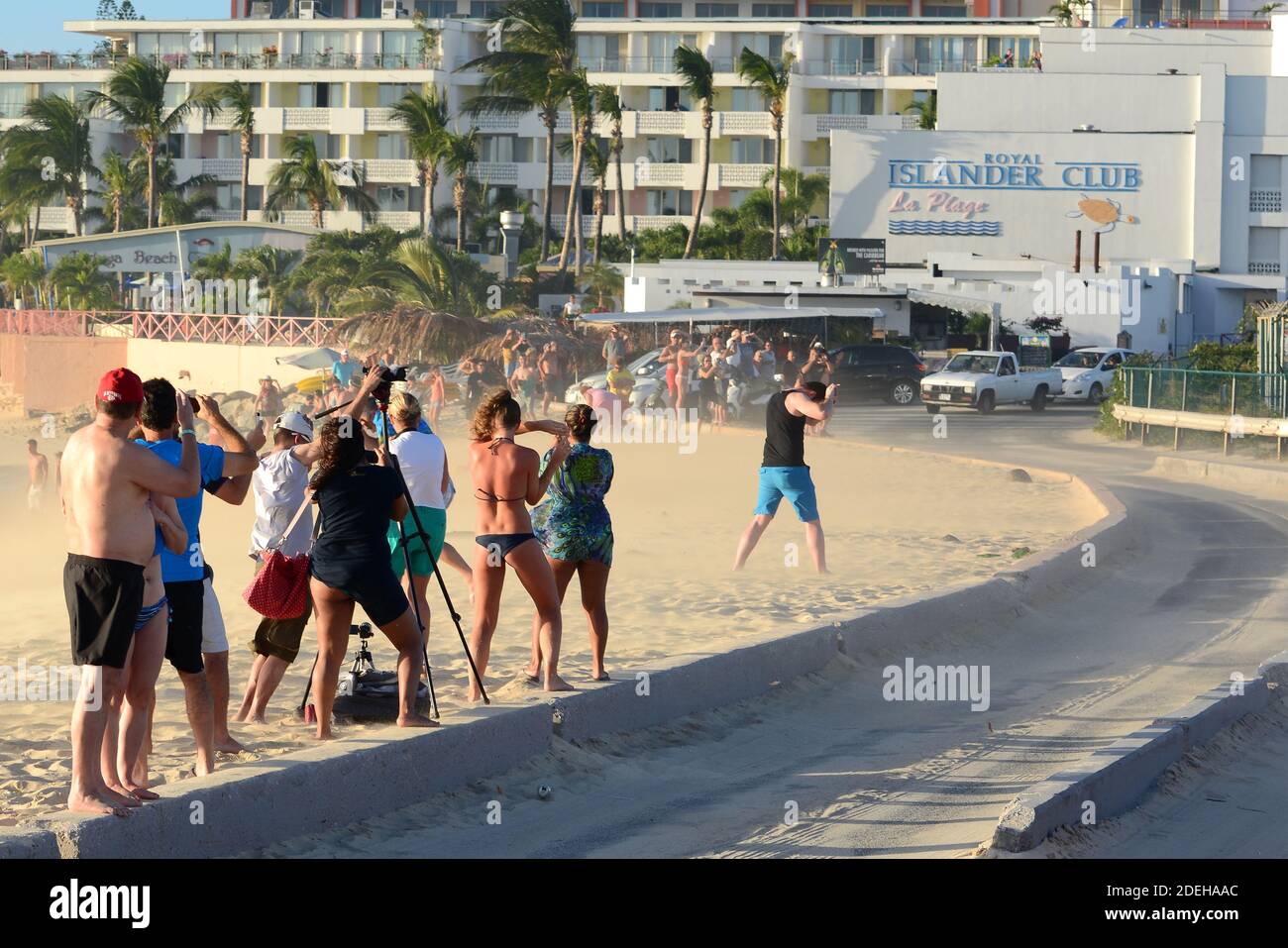 Tourists Receiving Strong Jet Blast At Maho Beach From Departing