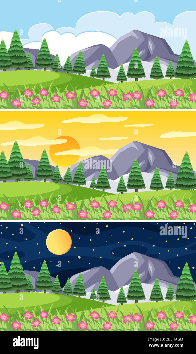 Nature landscape scene at different times of day illustration Stock ...