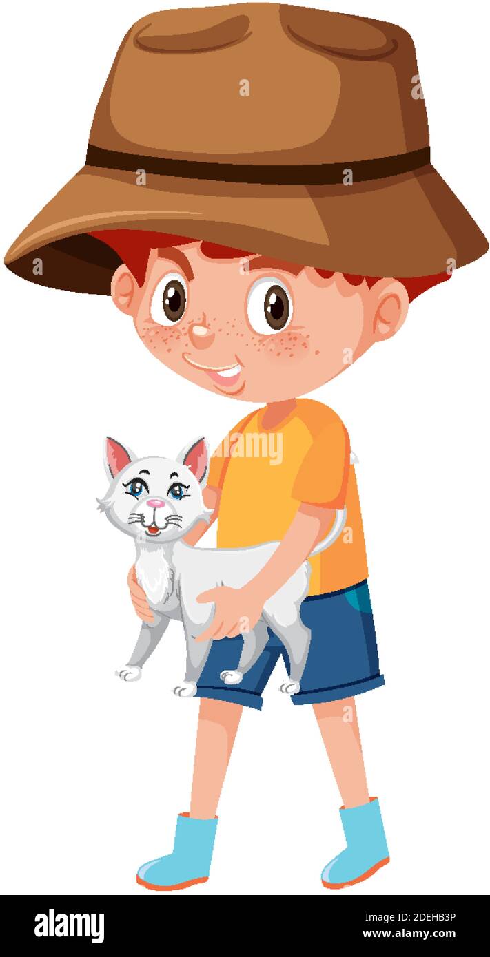 Boy holding cute animal cartoon character isolated on white background ...