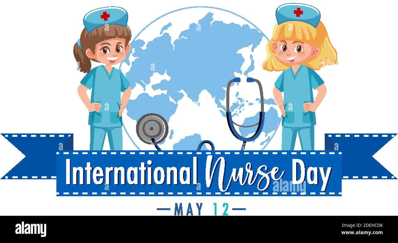 International Nurse Day logo with cute nurses and world map background ...