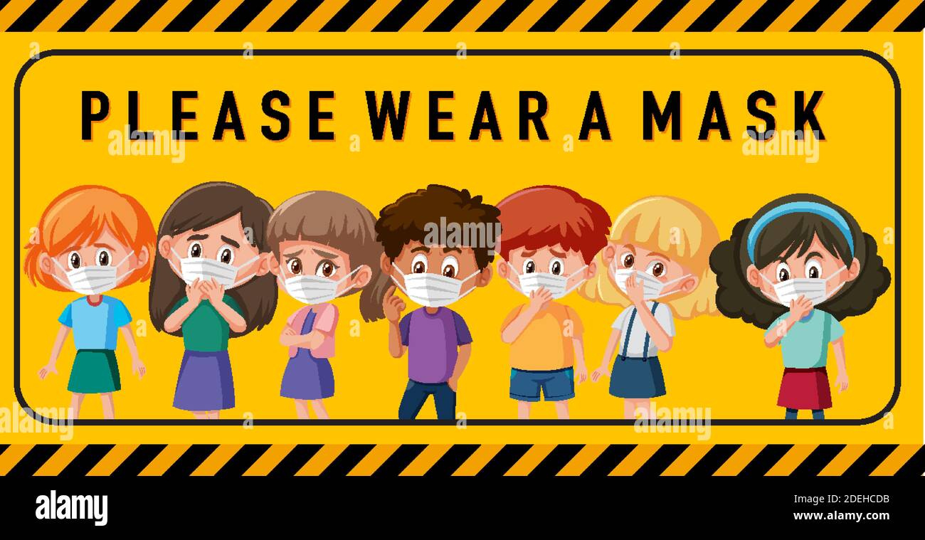 Please wear a mask sign or banner with group of teenager illustration ...