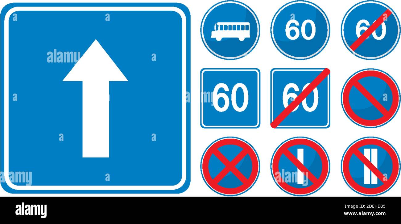 Set of blue road signs isolated on white background illustration Stock ...