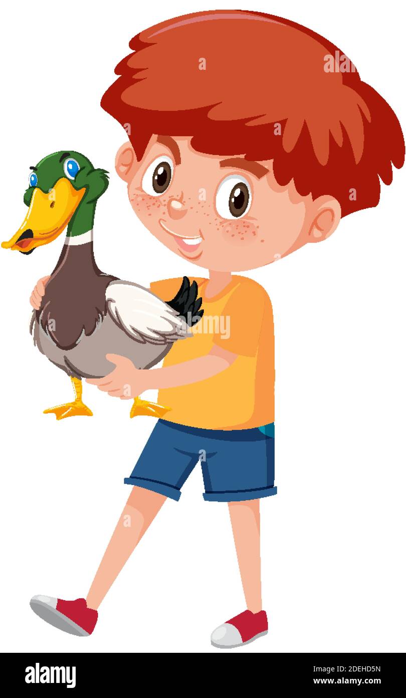 Boy holding cute animal cartoon character isolated on white background ...