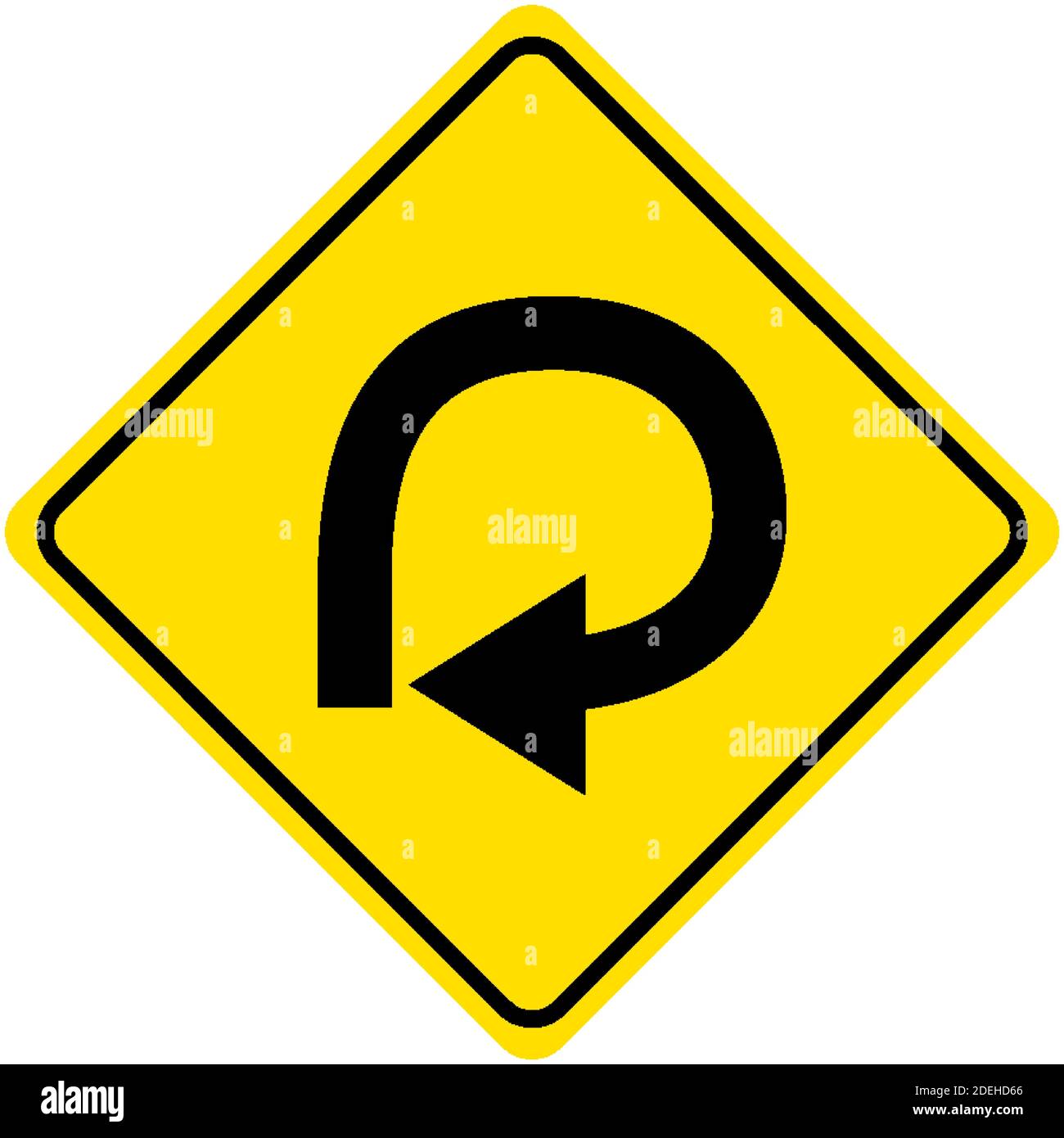 Very sharp (270 degree) curve ahead yellow sign on white background ...