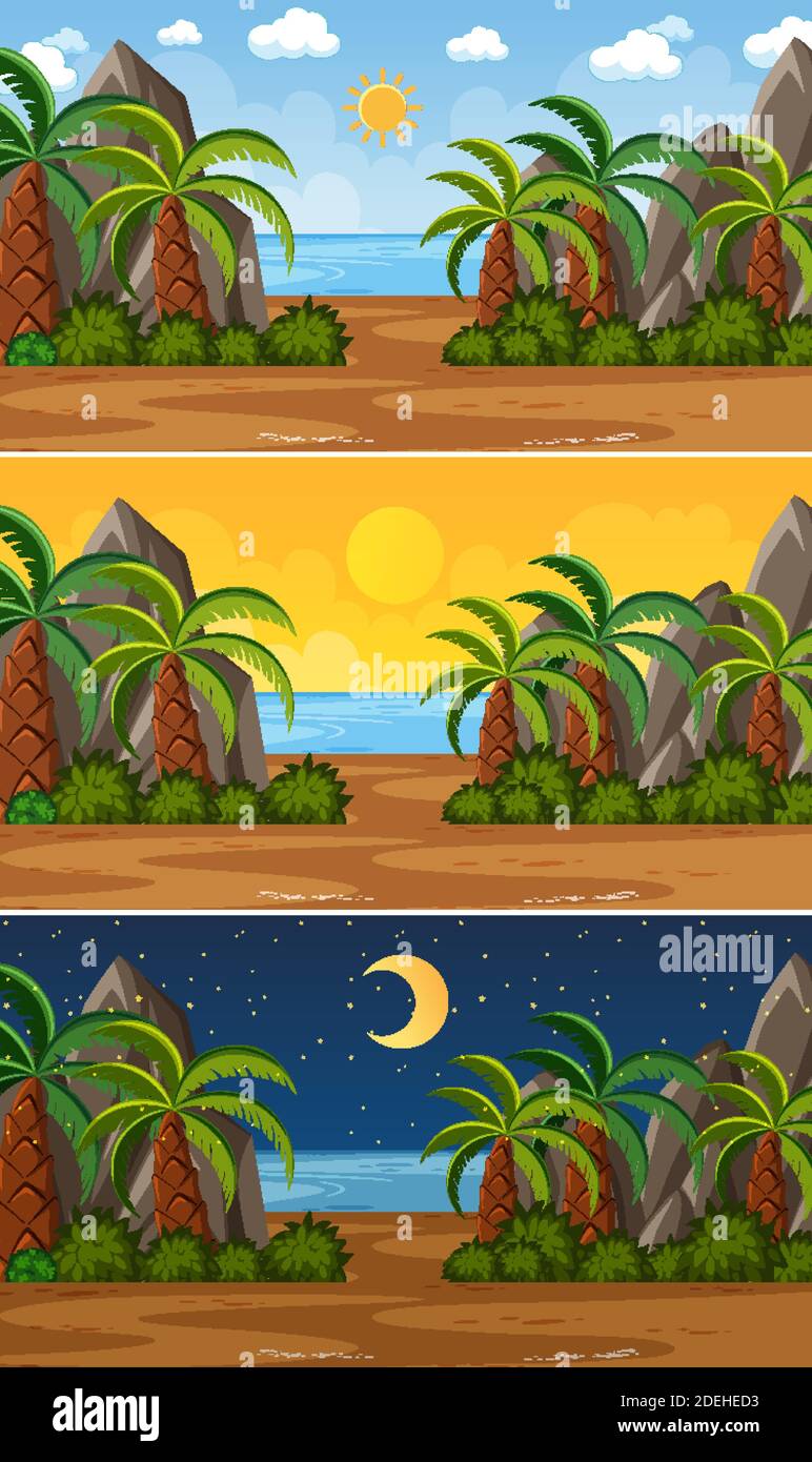 Nature landscape scene at different times of day illustration Stock ...