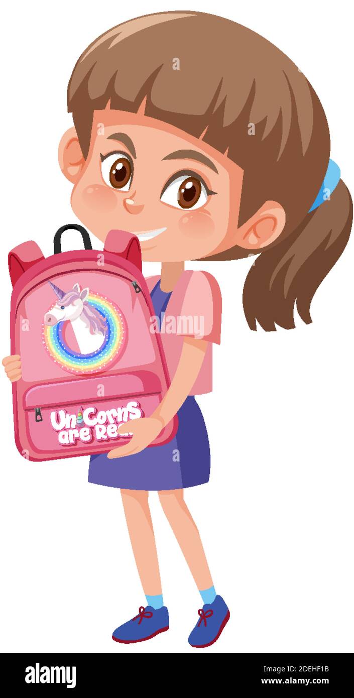 Girl holding cute backpack cartoon character isolated on white ...